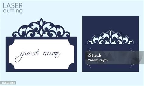 레이스 테두리와 레이저 컷 결혼식 초대 장소 카드 웨딩 센터피스 테이블 카드 크라운 디자인 네임 카드 홀더 절단 벡터템플릿