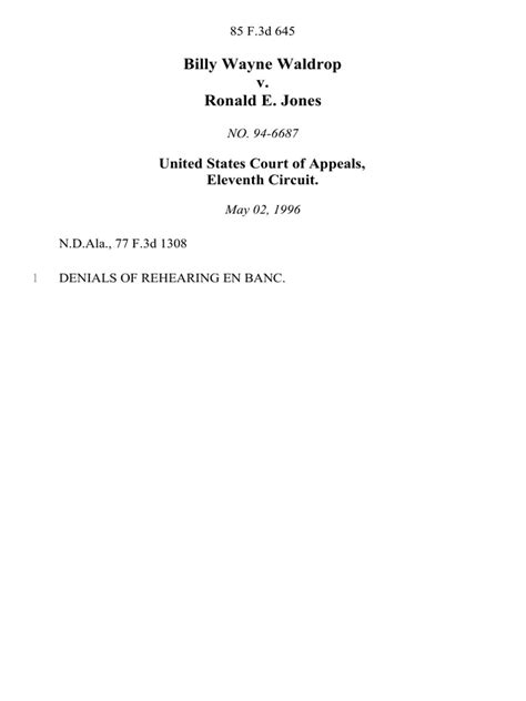 Billy Wayne Waldrop V Ronald E Jones 85 F3d 645 11th Cir 1996 Pdf