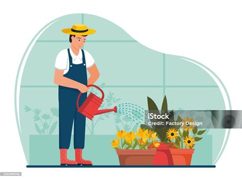 농부는 온실에서 물뿌리개로 화분에 심은 꽃에 물을 줍니다 배경에 식물 단풍 및 녹지 원예 원예 관개 및 식물 관리 개념 플랫 벡터 그림입니다 관목에 대한 스톡 벡터 아트 및