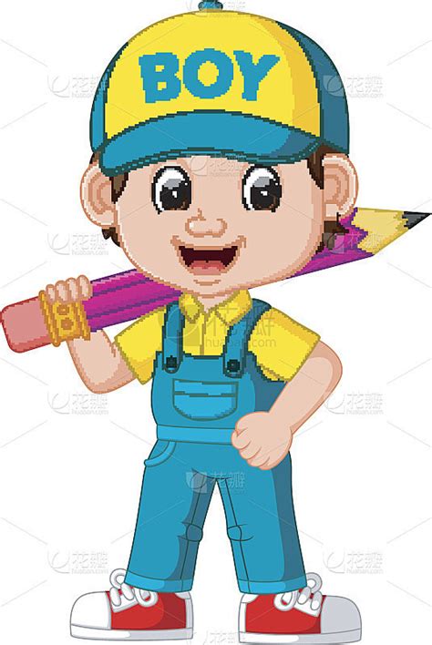 可爱的男孩拿着大铅笔