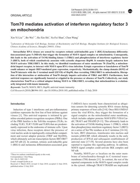 Pdf Tom70 Mediates Activation Of Interferon Regulatory Factor 3 On
