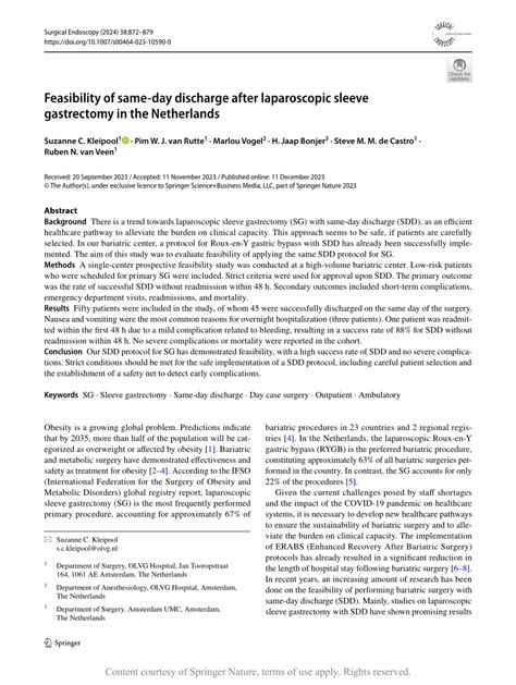 Feasibility Of Same Day Discharge After Laparoscopic Sleeve Gastrectomy In The Netherlands