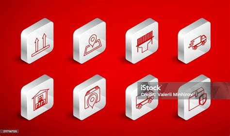 세트 라인 배송 상자 보안 방패 지도에 자리 표시자 스캐너 스캔 바코드 트럭 이동 화물 차량 이 쪽 위로 골판지 및 창고 아이콘이있는 위치 벡터 3차원 형태에 대한 스톡