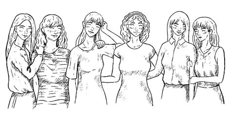 벡터 손으로 그린 스케치 다른 인종의 미소 여자 행복한 여자 또는 여자가 함께 서 여성 친구의 그룹 페미니스트의 연합 자매애