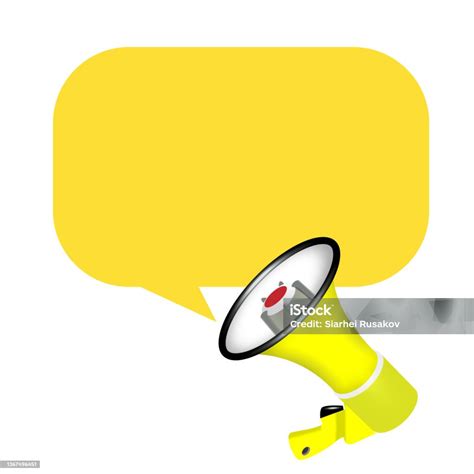 벡터 사실적 3d 흰색 배경에 음성 거품이있는 간단한 노란색 메가 폰 디자인 템플릿 배너 웹 스피커의 기호입니다 공지 사항 주의의 개념 개념에 대한 스톡 벡터 아트 및 기타