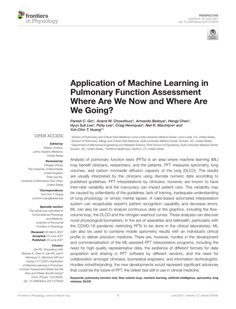Pdf Application Of Machine Learning In Pulmonary Function Assessment