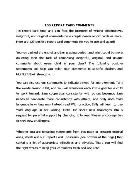 100 Report Card Comments Pdf Classroom Teachers