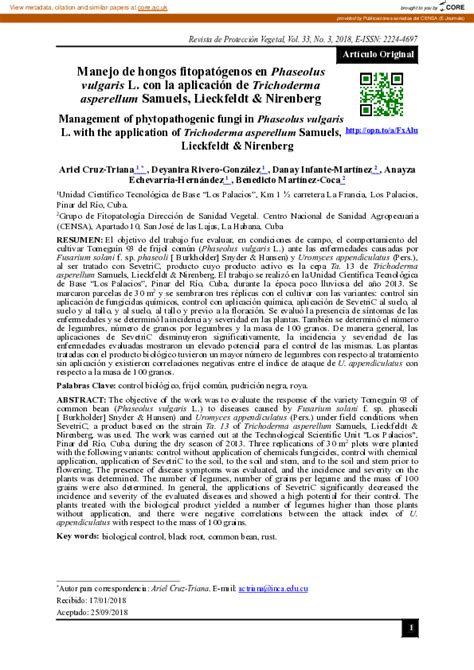 Pdf Manejo De Hongos Fitopatógenos En Phaseolus Vulgaris L Con La Aplicación De Trichoderma