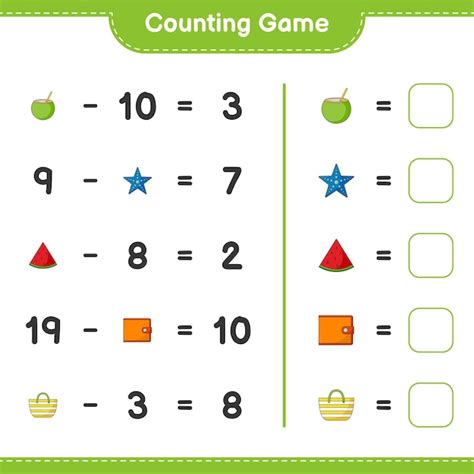 카운팅 게임 코코넛 불가사리 수박 지갑 비치백의 수를 세고 결과를 쓰세요 교육 어린이 게임 인쇄용 워크시트 벡터 일러스트 레이 션 프리미엄 벡터