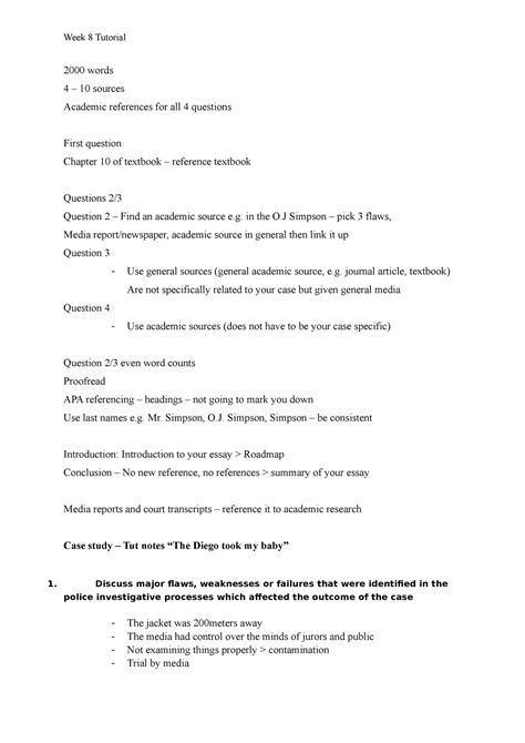 Week 8 Tutorial Notes Week 8 Tutorial 2000 Words 4 10 Sources Academic References For All
