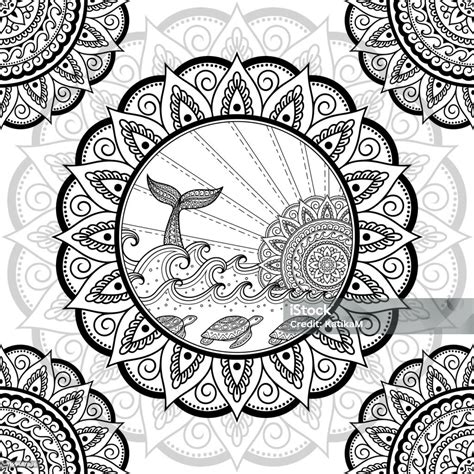 민족 동양 스타일의 원활한 장식 장식 헤나 멘디 장식에 대한 바다 풍경과 고래 꼬리만다의 형태로 원형 패턴 낙서 윤곽선 손 그리기 벡터 그림입니다 만다라에 대한 스톡 벡터