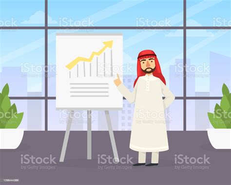 아랍 사업가 화이트 보드에 차트를 설명 하는 프리젠 테이션을 만드는 전통적인 무슬림 의류 플랫 벡터 일러스트를 입고 아랍어 사무실 노동자 캐릭터 경영자에 대한 스톡 벡터