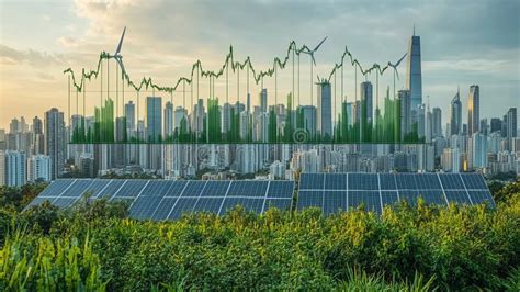 Sustainable Energy Landscape Featuring Solar Panels And Wind Turbines Showcasing Urban Skyline