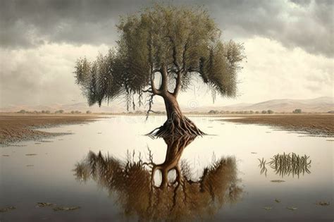 Tree Surrounded By Flood Waters After Heavy Rain Stock Illustration Illustration Of Tree