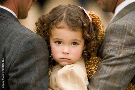 Frustrated Girl With Same Sex Male Parents Stares Sadly At The Camera Capturing Emotion Stock