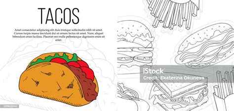 벡터 패스트 푸드 전단지 템플릿입니다 디자인 및 웹을 위한 길거리 음식 카드 일러스트레이션 개성 개념에 대한 스톡 벡터 아트 및