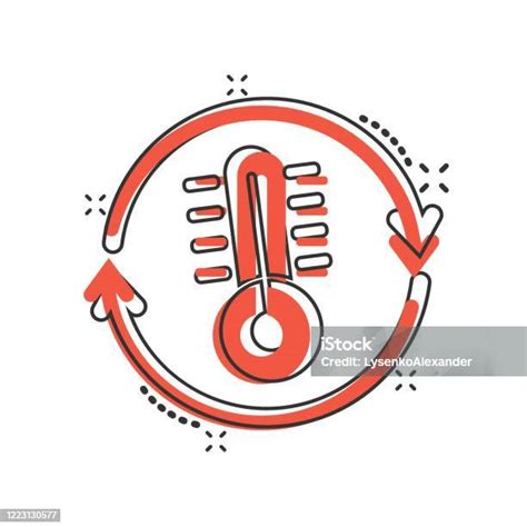 만화 스타일의 온도계 온도계 온도 조절 아이콘입니다 기상학 균형 흰색 고립 된 배경에 만화 벡터 그림 뜨거운 차가운 온도 스플래시 효과 비즈니스 개념 가정 생활에 대한 스톡