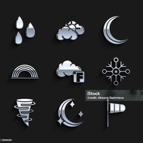 화씨와 구름 달별 콘 기상 풍요의 바람 베인 눈송이 토네이도 구름무지개 물 방울 아이콘을 설정합니다 벡터 0명에 대한 스톡 벡터