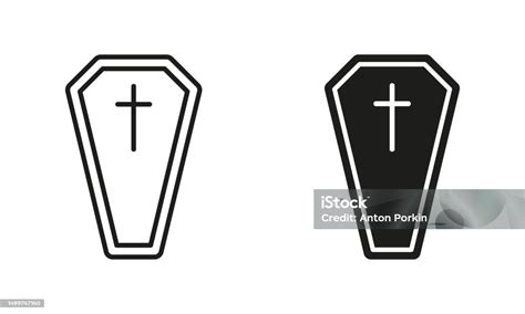 관 관 라인과 실루엣 블랙 아이콘 세트 으스스한 죽음 나무 무덤 장례식 묘지 픽토그램 할로윈 휴일 장식 기호 컬렉션입니다 격리된 벡터 그림 검은색에 대한 스톡 벡터 아트 및