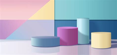 Abstract 3d Room With Yellow Blue Pink And White Realistic Cylinder Podium Pastel Color On