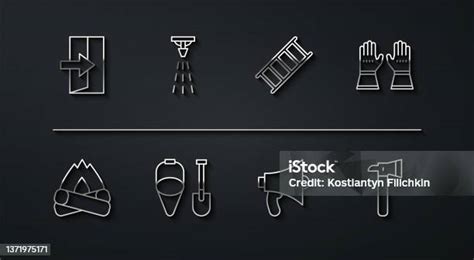 세트 라인 화재 출구 캠프 파이어 소방관 장갑 메가 폰 삽과 양동이 스프링클러 도끼와 탈출 아이콘 벡터 검은색에 대한 스톡 벡터 아트 및 기타 이미지 Istock