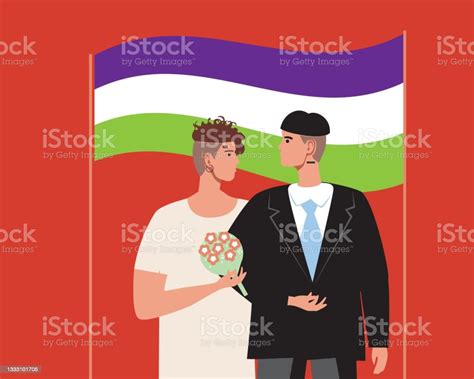 사람들의 성별 키어 결혼식 성별 키어 플래그 비 바이너리 성인과 플랫 벡터 스톡 일러스트 성별 큰 사람 관용과 Lgbtq 권리 결혼 의식에 대한 스톡 벡터 아트 및 기타
