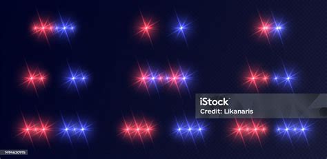 경찰 조명이 설정되고 조명탄이 있는 파란색빨간색 비상 헤드라이트가 켜집니다 순찰 차량에 대한 벡터 점멸 사이렌 효과 경찰 차량 조명등에 대한 스톡 벡터 아트 및 기타 이미지