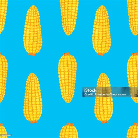 파란색 배경에 노란색 옥수수 Cob 기하학적 원활한 패턴 좋은 옥수수 수채화 일러스트 가리기에 대한 스톡 벡터 아트 및 기타 이미지 가리기 가을 건강한 생활방식