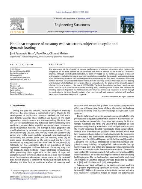 Pdf Non Linear Response Of Masonry Wall Structures Subjected To Cyclic And Dynamic Loading