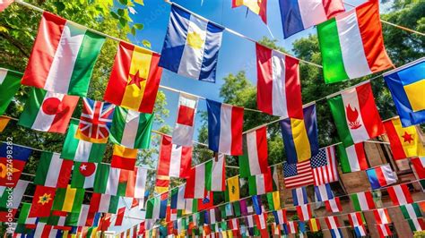 Colorful Flags Of Different Countries Hang From A Horizontal Pole