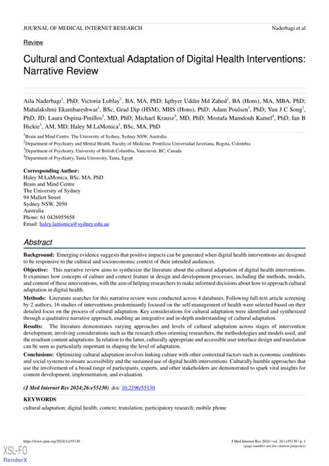 Pdf Cultural And Contextual Adaptation Of Digital Health Interventions Narrative Review