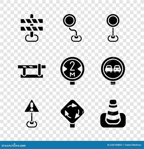Set Road Barrier Traffic Sign Exclamation Mark In Triangle Roundabout Traffic Cone Parking