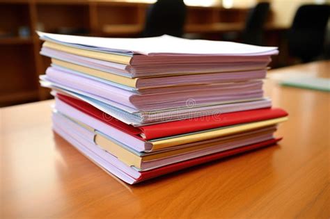A Stack Of Completed Assignment Files Beside An Untouched Stack Stock