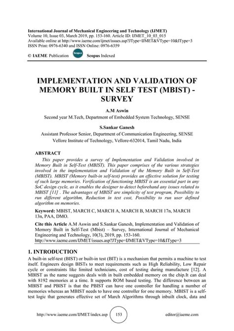 Implementation And Validation Of Memory Built In Self Test Mbist