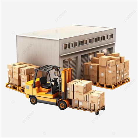 수입 수출품을 위한 지게차가 있는 건물 창고 골판지 상자 팔레트 트럭 격리된 물류 서비스 개념 3d 그림 렌더링 물류 지게차 창고 Png 일러스트 및 이미지 에 대한
