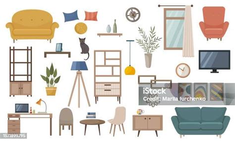 격리 된 홈 인테리어 아이템 세트 가정용 가구 가구 테이블 책과 집 꽃이 있는 선반 플로어 램프 Tv 컴퓨터가 있는 거실 인테리어 플랫 스타일의 벡터 그림입니다 0명에 대한
