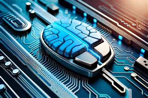 3d Rendering Of Artificial Intelligence Hardware Concept Glowing Blue Brain Circuit On