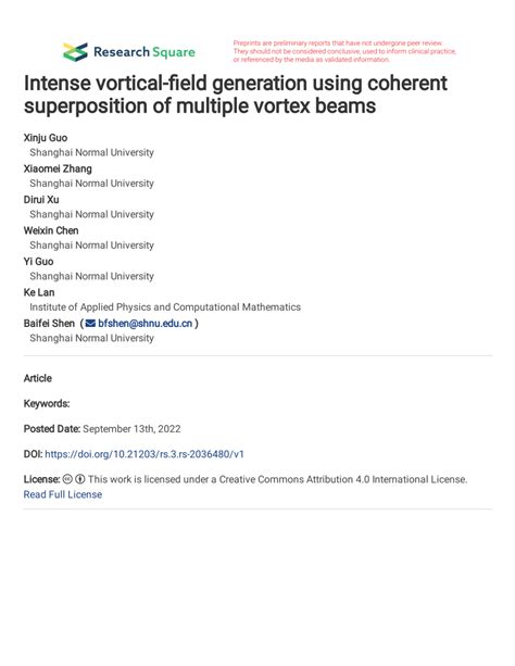 Pdf Intense Vortical Field Generation Using Coherent Superposition Of Multiple Vortex Beams