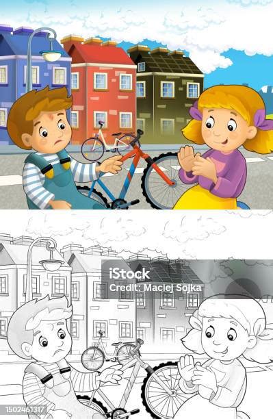 소년과 소녀가 자전거를 타고 사고를 당하는 만화 장면 어린이를 위한 삽화 건강관리와 의술에 대한 스톡 벡터 아트 및 기타 이미지 건강관리와 의술 건축 교통수단