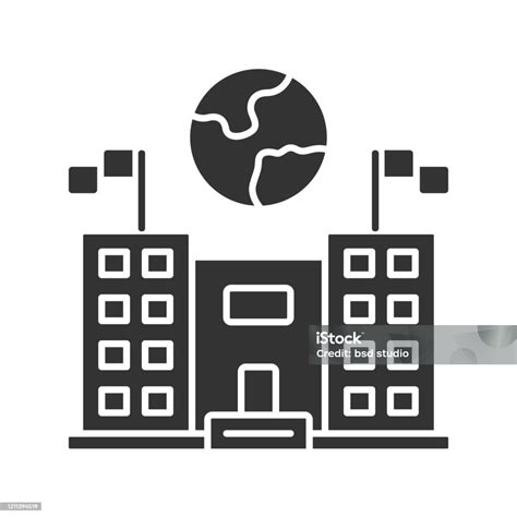 이민 센터 글리프 아이콘입니다 대사관 및 영사관 건물 행정 정부 구조 공공 건물을 통해 지구 지구 지구 실루엣 기호입니다 음수 공간입니다 벡터 절연 그림 개념에 대한 스톡