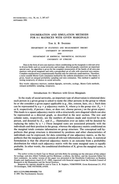 Pdf Enumeration And Simulation Methods For 0 1 Matrices With Given Marginals