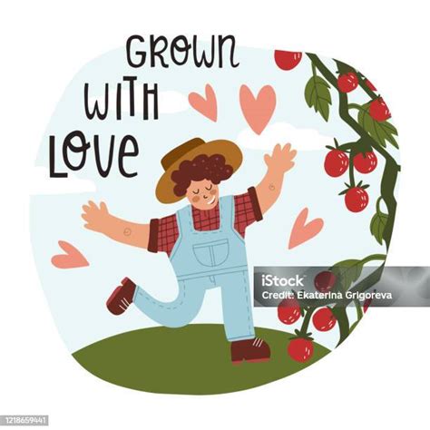 현지 및 유기농 식품 컨셉을 섭취하십시오 토마토 포도 나무와 마음 옆에 초원에 미소와 함께 실행 행복 한 농부 사랑으로 자란 문자 텍스트 플랫 벡터 그림입니다 개념에 대한