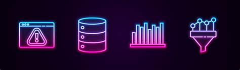 느낌표 서버 데이터 웹 호스팅 원형 차트 인포그래픽 및 판매 유입경로로 줄 브라우저를 설정합니다 빛나는 네온 아이콘 벡터 그래프에 대한 스톡 벡터 아트 및 기타 이미지