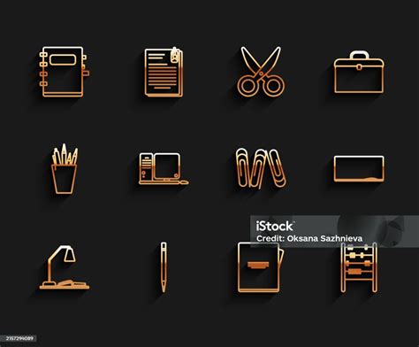 테이블 램프와 펼쳐진 책 연필 지우개 노트북 주판 컴퓨터 모니터 키보드 마우스 칠판 및 종이 클립 아이콘이 있는 작업 공간을 설정합니다 벡터 0명에 대한 스톡 벡터 아트 및