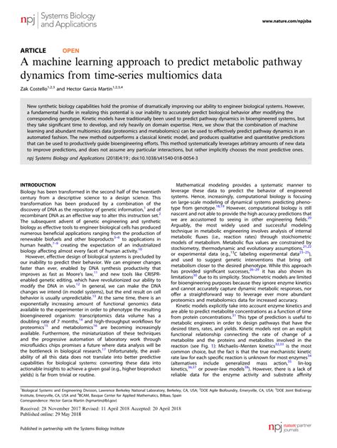 Pdf A Machine Learning Approach To Predict Metabolic Pathway Dynamics