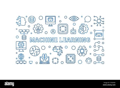 Machine Learning Concept Line Banner Ml Vector Creative Outline Horizontal Illustration Stock