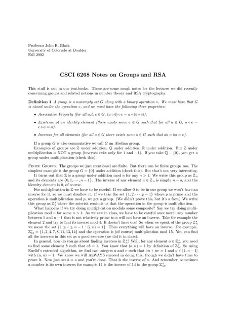 Notes On Groups And Rsa Computer Science Csci 7000 Docsity