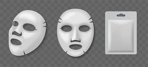 화장품 페이스 마스크 사실적인 면 페이셜 스킨 케어 마스크 전면 및 사이드 뷰 브랜딩을 위한 빈 포장 모형 여성 디톡스 홈 스파 뷰티 제품 화장품 벡터 3d 절연 세트