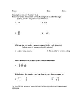 Rational Numbers Quiz By Christine Misiura Teachers Pay Teachers