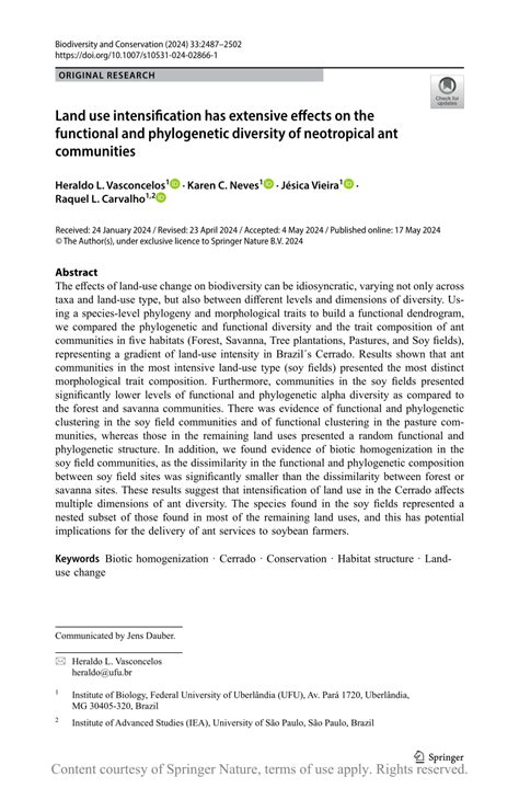 Land Use Intensification Has Extensive Effects On The Functional And